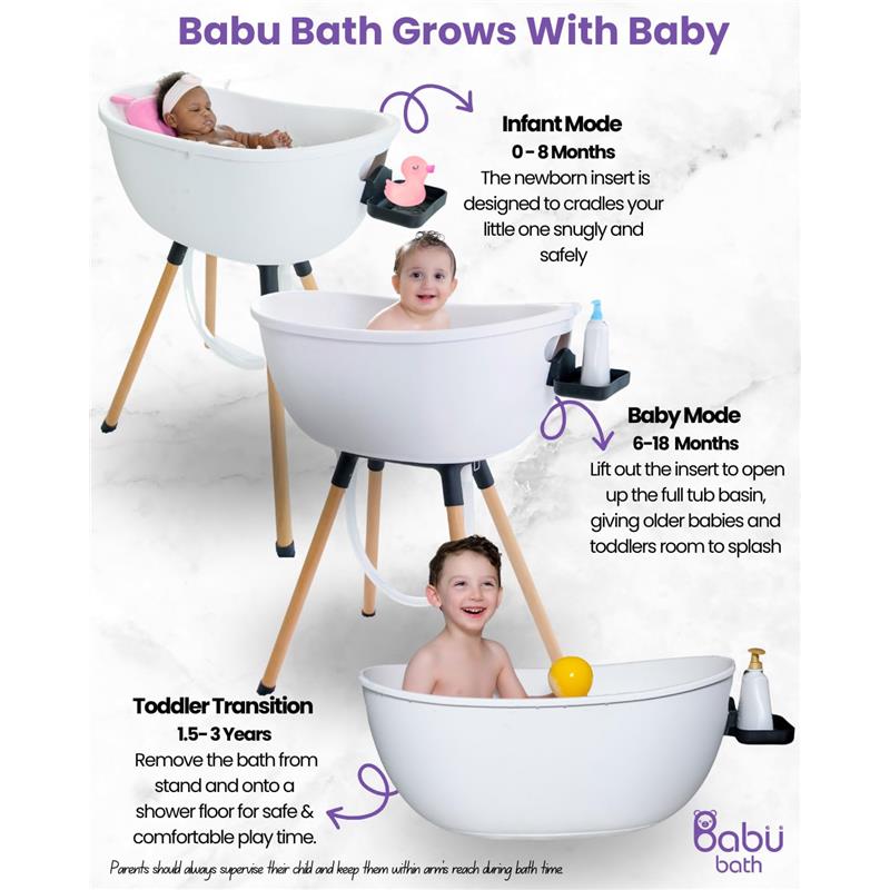 Babu Bath - Luxury Baby Bathtub with Wooden Stand, White