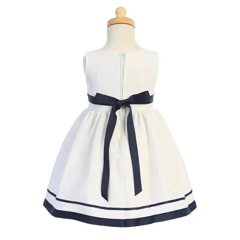 Lito - Baby Girl Rayon Linen Dress With Bow, White/Navy