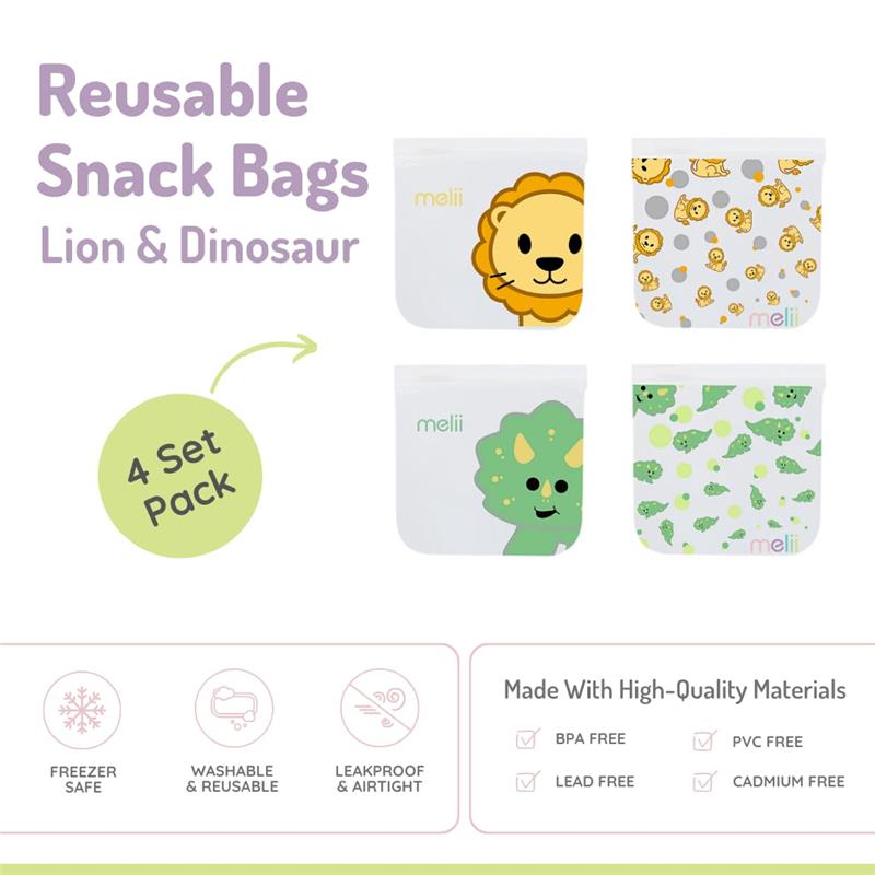 Melii - 4Pk Reusable Sandwich & Snack Bags for Kids & Adults, 2 Dinosa